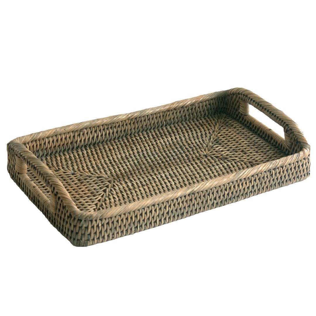 Grey Oblong Rattan Serving Tray in 2 sizes with handles